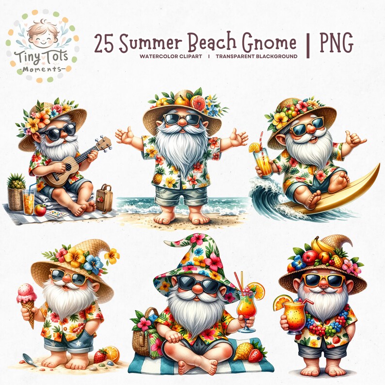 Watercolor Summer Beach Gnome Clipart, Beach Gnome Clipart, PNG, Gnome ...