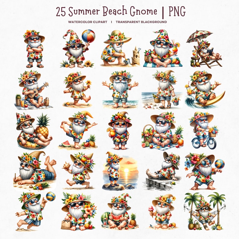 Watercolor Summer Beach Gnome Clipart, Beach Gnome Clipart, PNG, Gnome ...