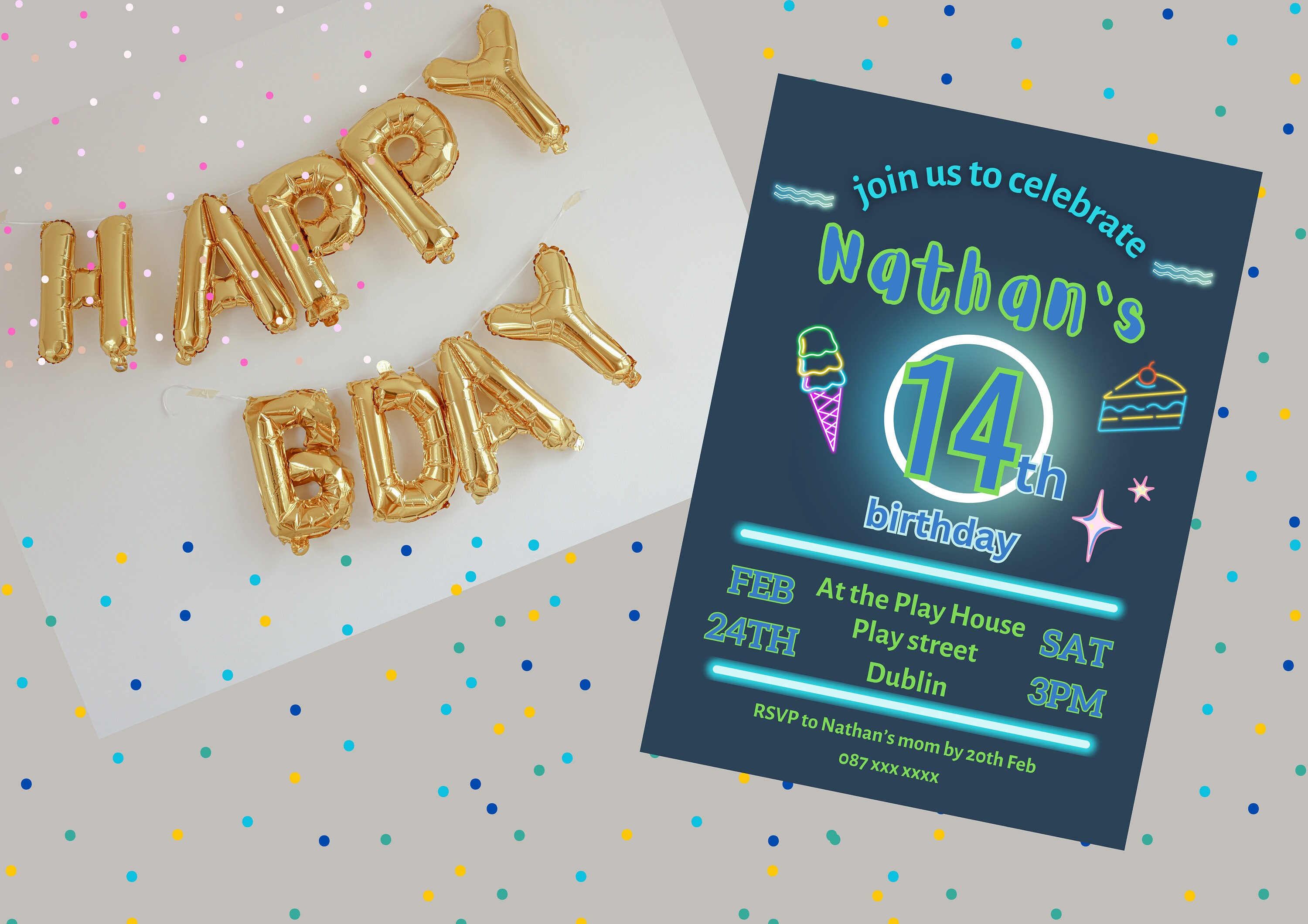 Editable Neon Birthday Invitation 14th Birthday Invitation Template ... Editable Neon Birthday Invitation 14th Birthday Invitation Template ...