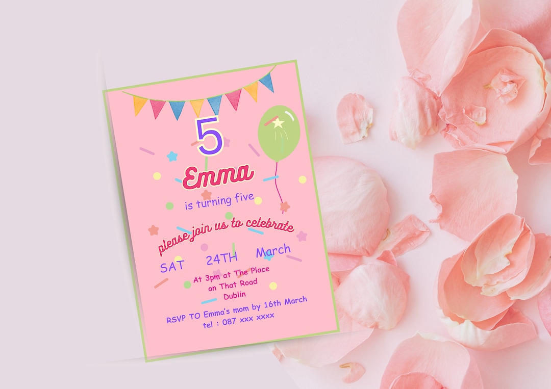 5 Year Old Birthday Party Invitation Digital Download Girl Invite 5th ...