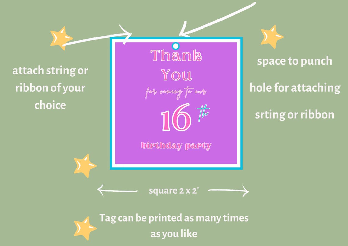 16th Birthday Gift Tag, Twins Birthday Thank You Tag, Sweet 16 Decor ...