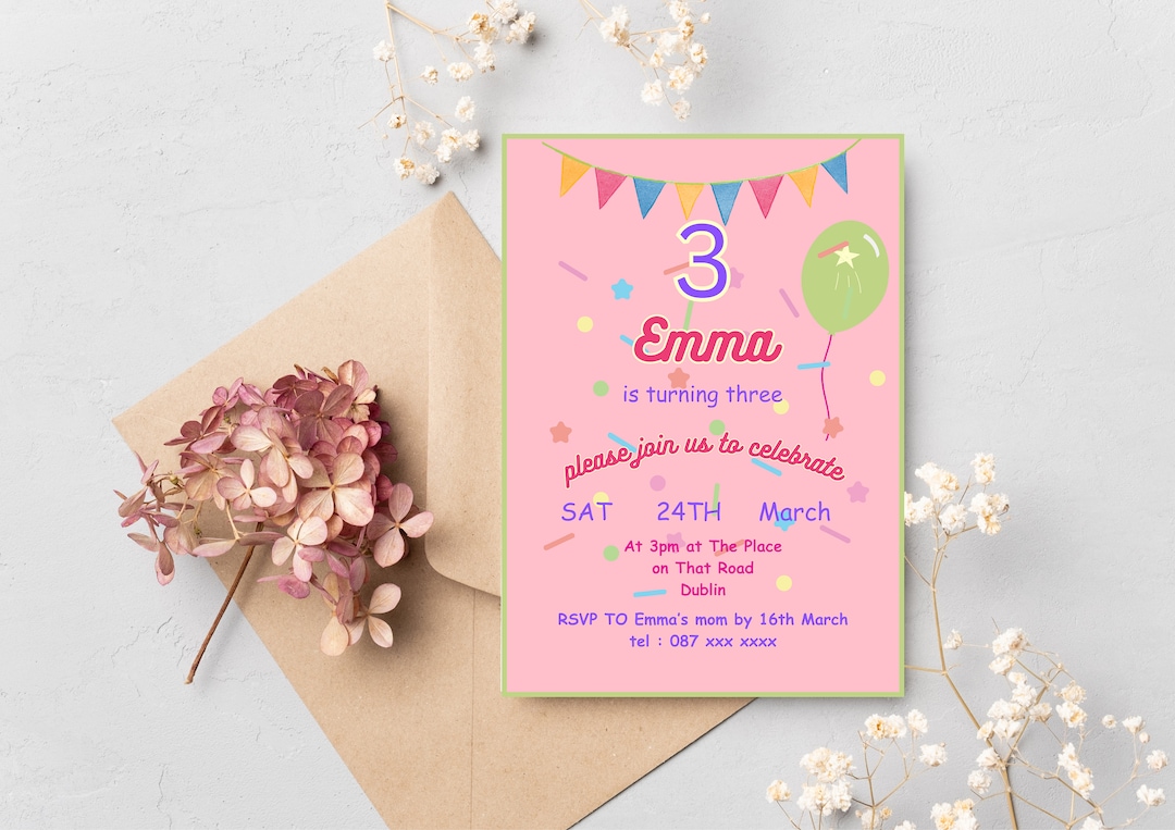 3rd Birthday Balloon Invitation Third Birthday Invite 3rd Birthday ...
