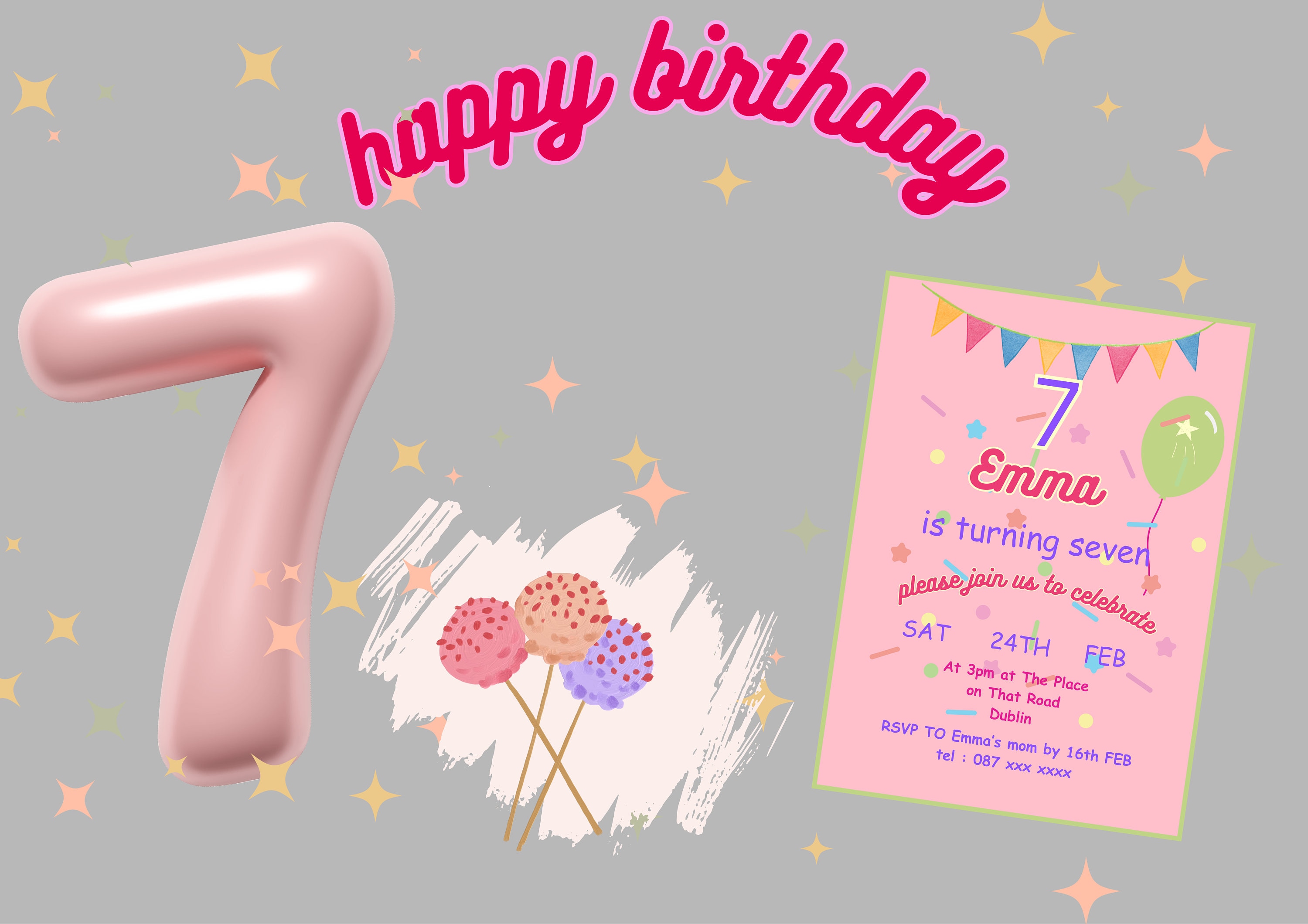 Editable Pink 7th Birthday Invitation Template Pink Girl 7th Birthday ...