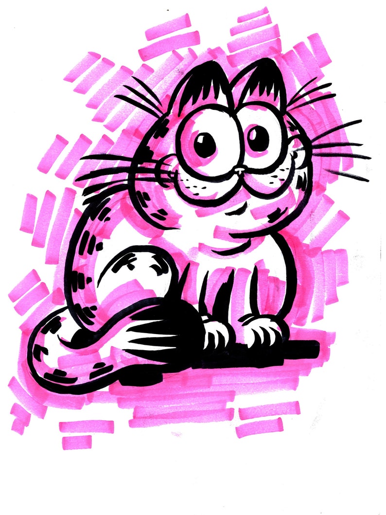 ORIGINAL ART Garfield the Orange Lasagna Cat, Pink Marker Drawing by ...