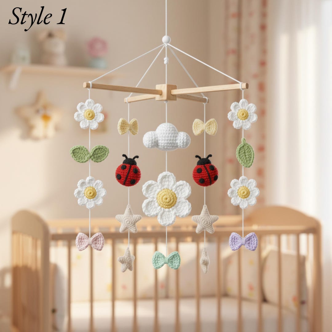 Ladybug Baby Mobile With Daisy Flowers Cloud | Handmade Crochet Crib ...