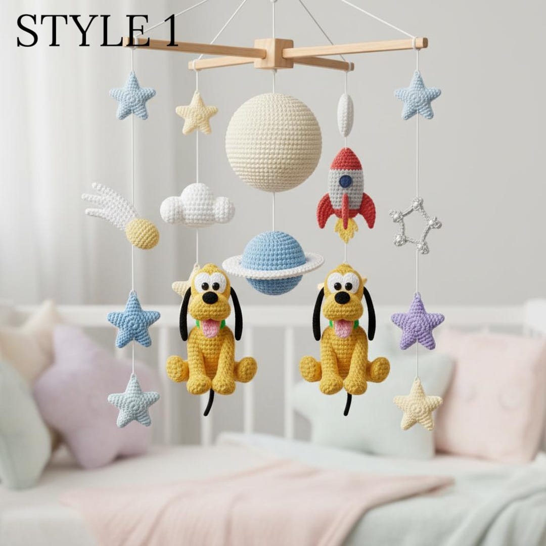 Handmade Crochet Baby Crib Toy With Cartoon Dog Space, Planet, Rocket ...
