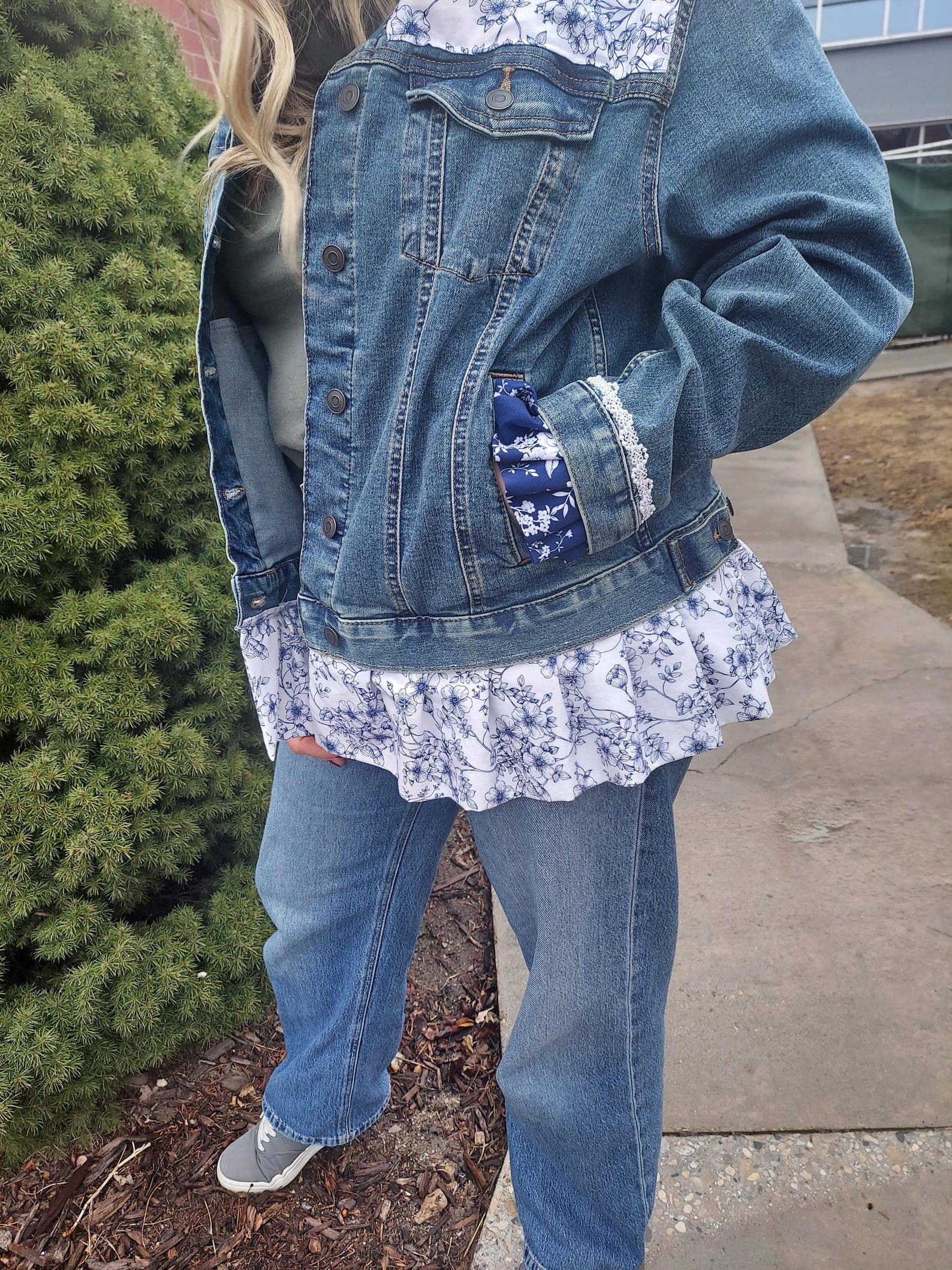 Upcycled Denim Boho Jacket: Ruffled Cuffs, Floral Panels, Size Large - Etsy