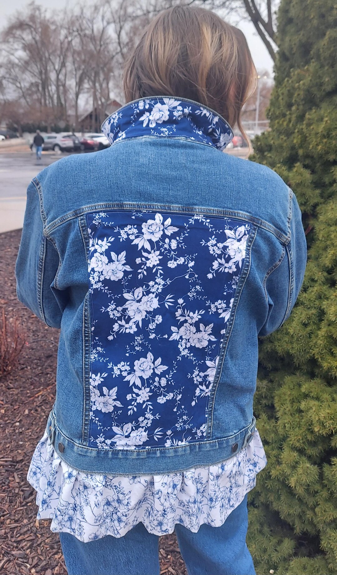 Upcycled Denim Boho Jacket: Ruffled Cuffs, Floral Panels, Size Large - Etsy