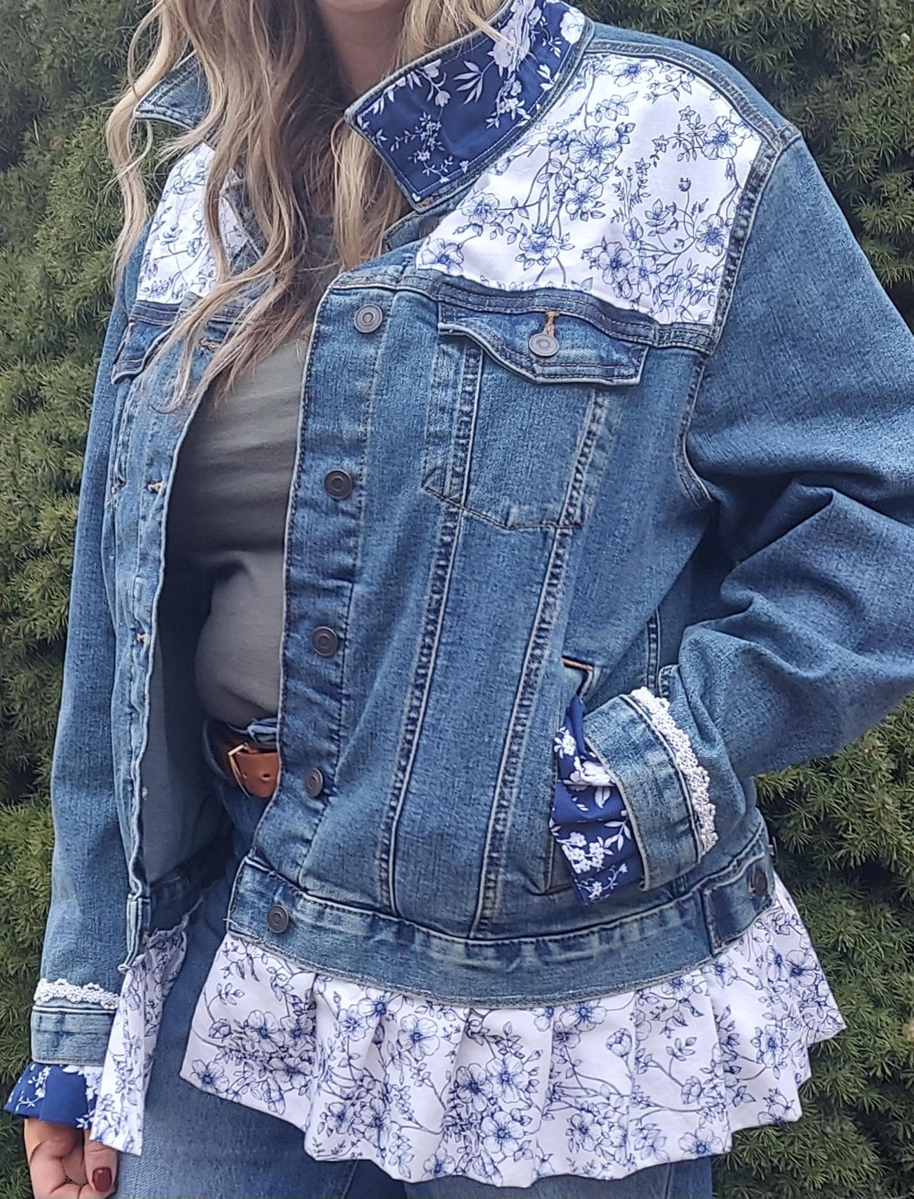 Upcycled Denim Boho Jacket: Ruffled Cuffs, Floral Panels, Size Large - Etsy