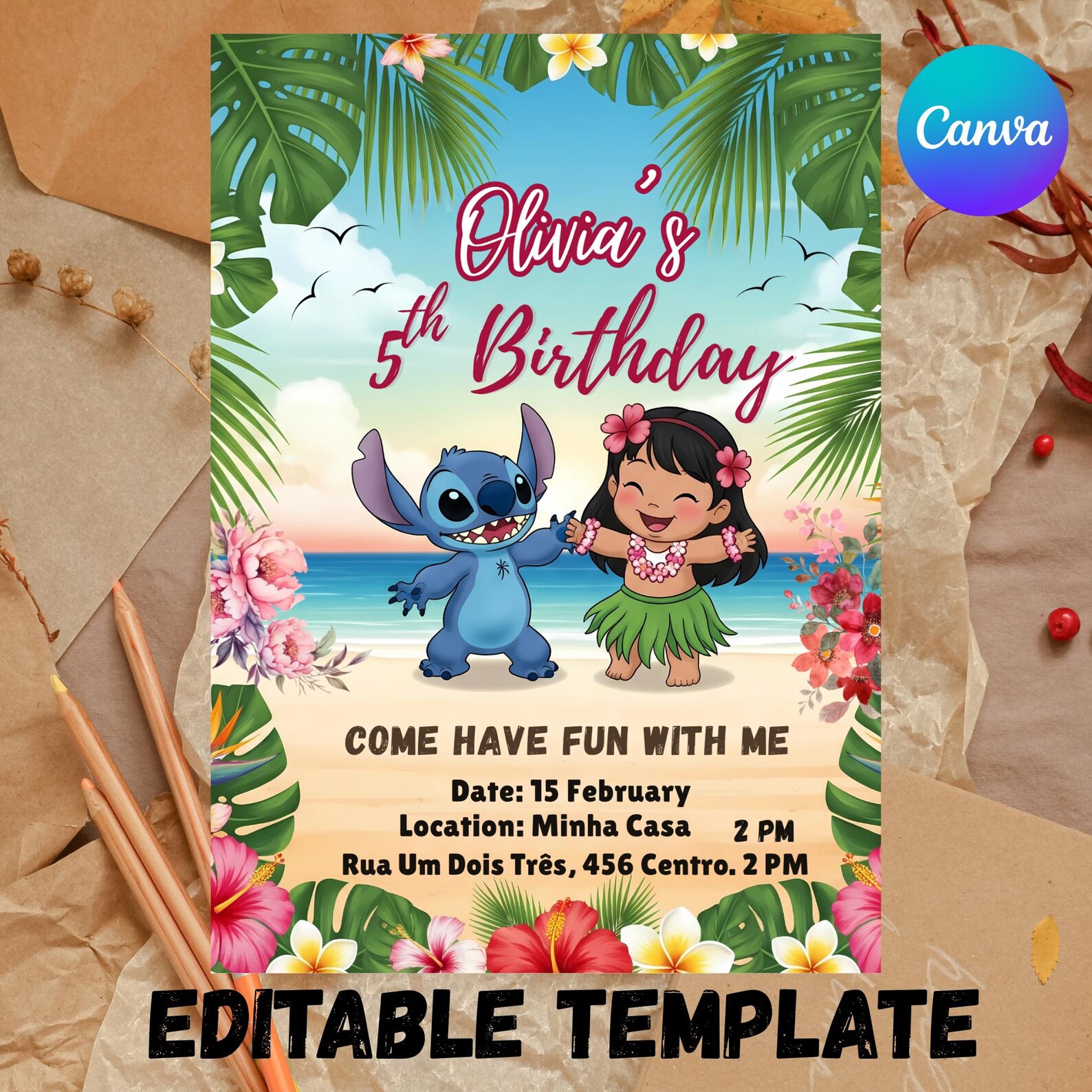 Stitch and Lilo Birthday Invitation: Editable Canva Template (5x7 ...