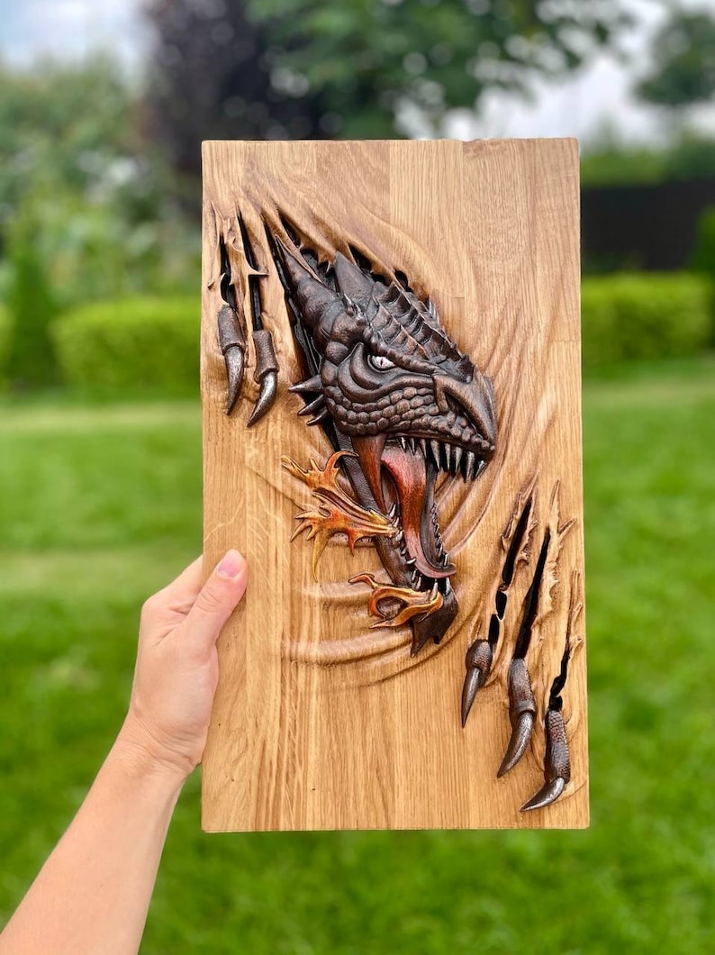 3D Carved Oak Wood Dragon Wall Art: Handcrafted Fantasy Decor - Etsy