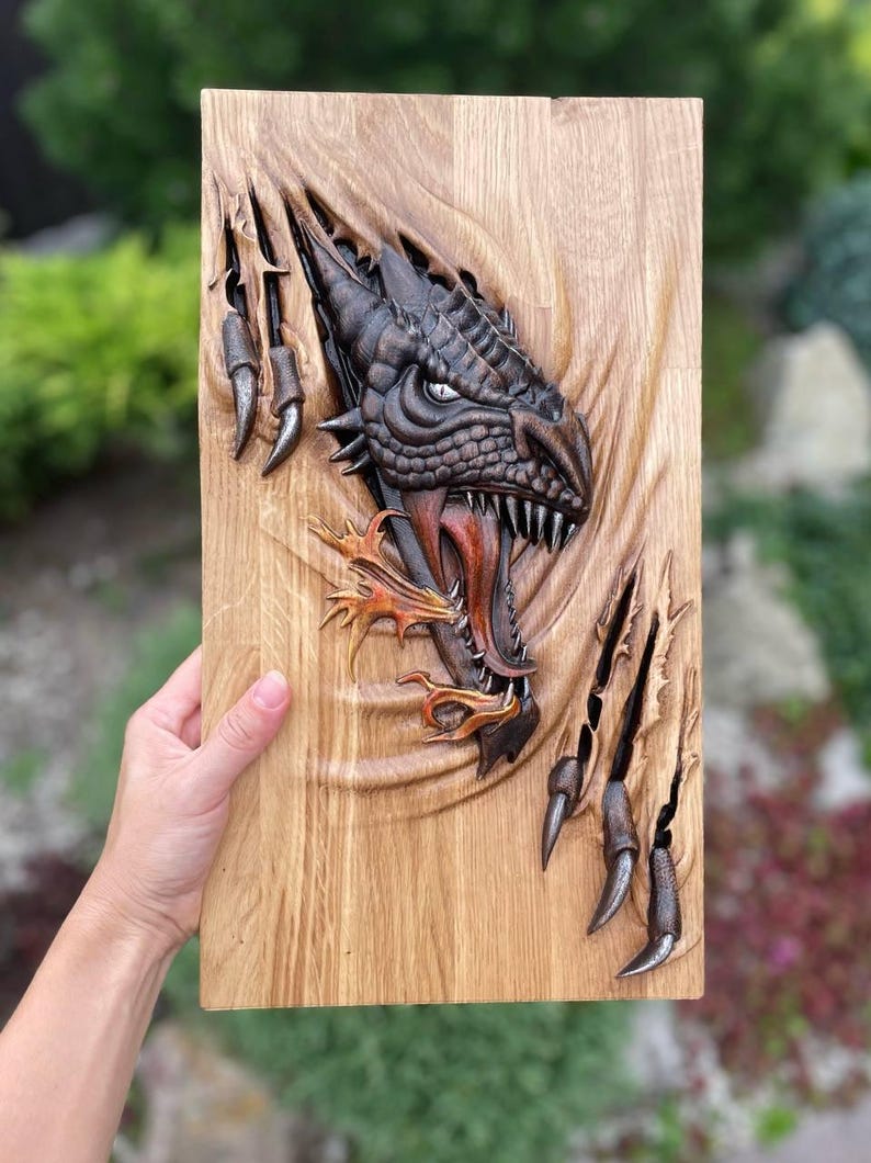 3D Carved Oak Wood Dragon Wall Art: Handcrafted Fantasy Decor - Etsy