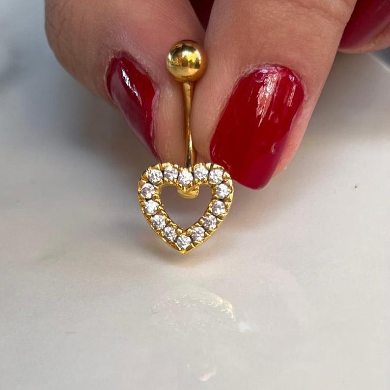 Gold Heart Belly Button Piercing, Natural Diamond Dangled Heart Belly ...