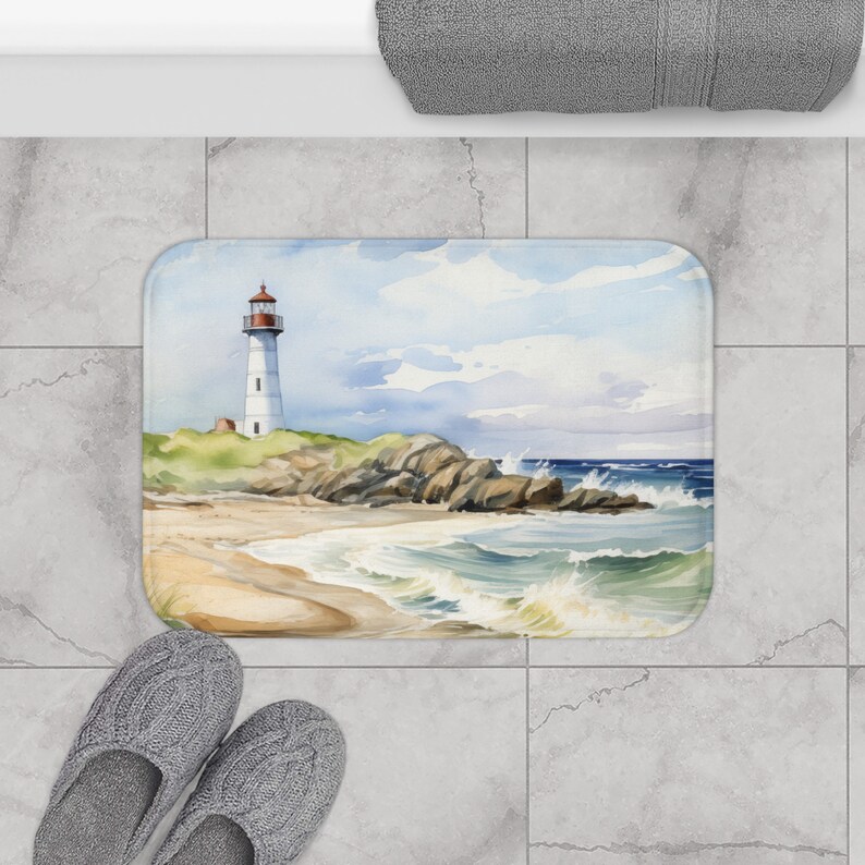 Lighthouse Watercolor Bath Mat Nautical Bathroom Decor Coastal Floor ...