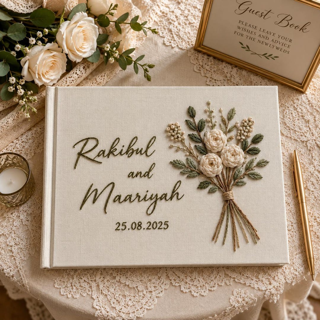Custom Embroidered Linen Wedding Guest Book, Personalized Memory Book ...
