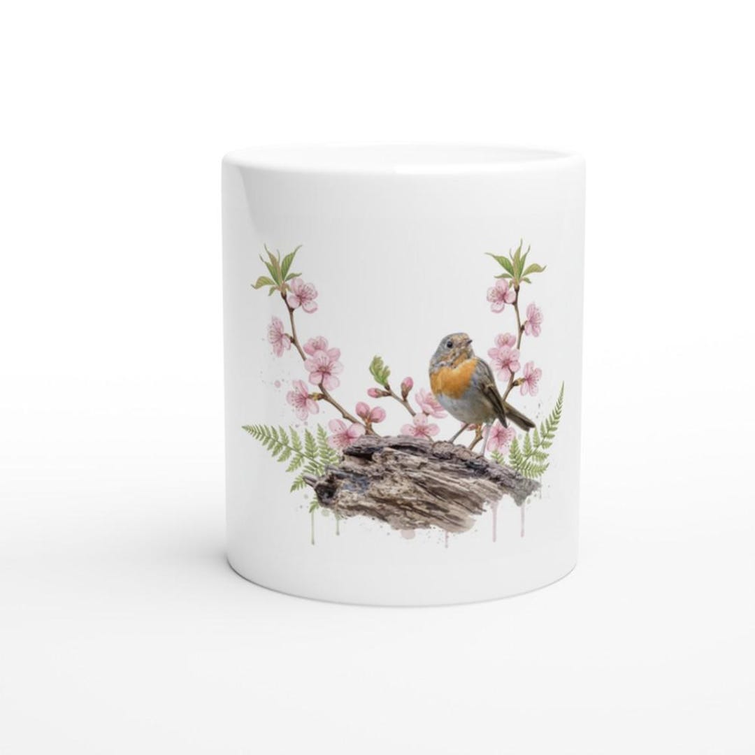 Robin Bird & Cherry Blossom Ceramic Mug - 11oz Glossy White Coffee Cup ...