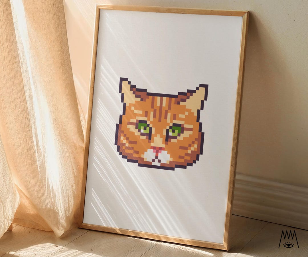 Pixelated Ginger Cat Head Digital Print – Retro Cat Wall Art - Etsy
