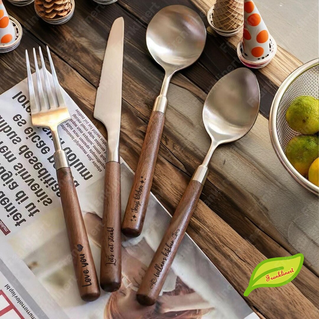 Personalized Walnut Wood Handle Stainless Steel Flatware, Custom Name ...