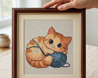 Cute Cat Cross Stitch Pattern PDF | Kitten With Blue Yarn | Easy ...