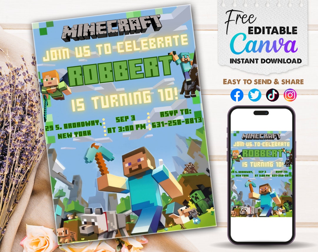 Editable Minecraft Birthday Invitation, Minecrafter Birthday ...