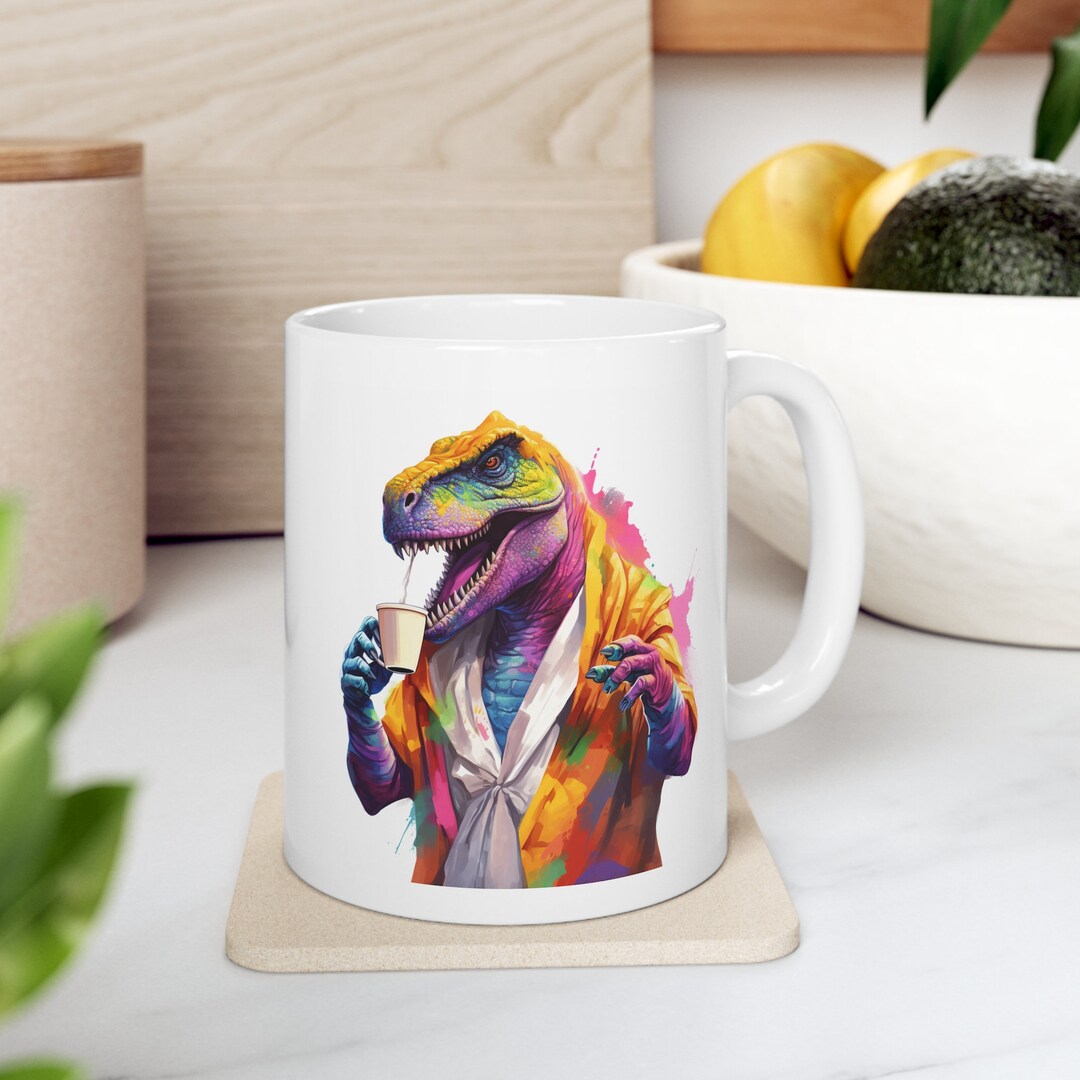 Rainbow T-rex Ceramic Mug 11oz Coffee Mug, Tea Cup, Funny Gift, Tyrannosaurus, Velociraptor, T ...