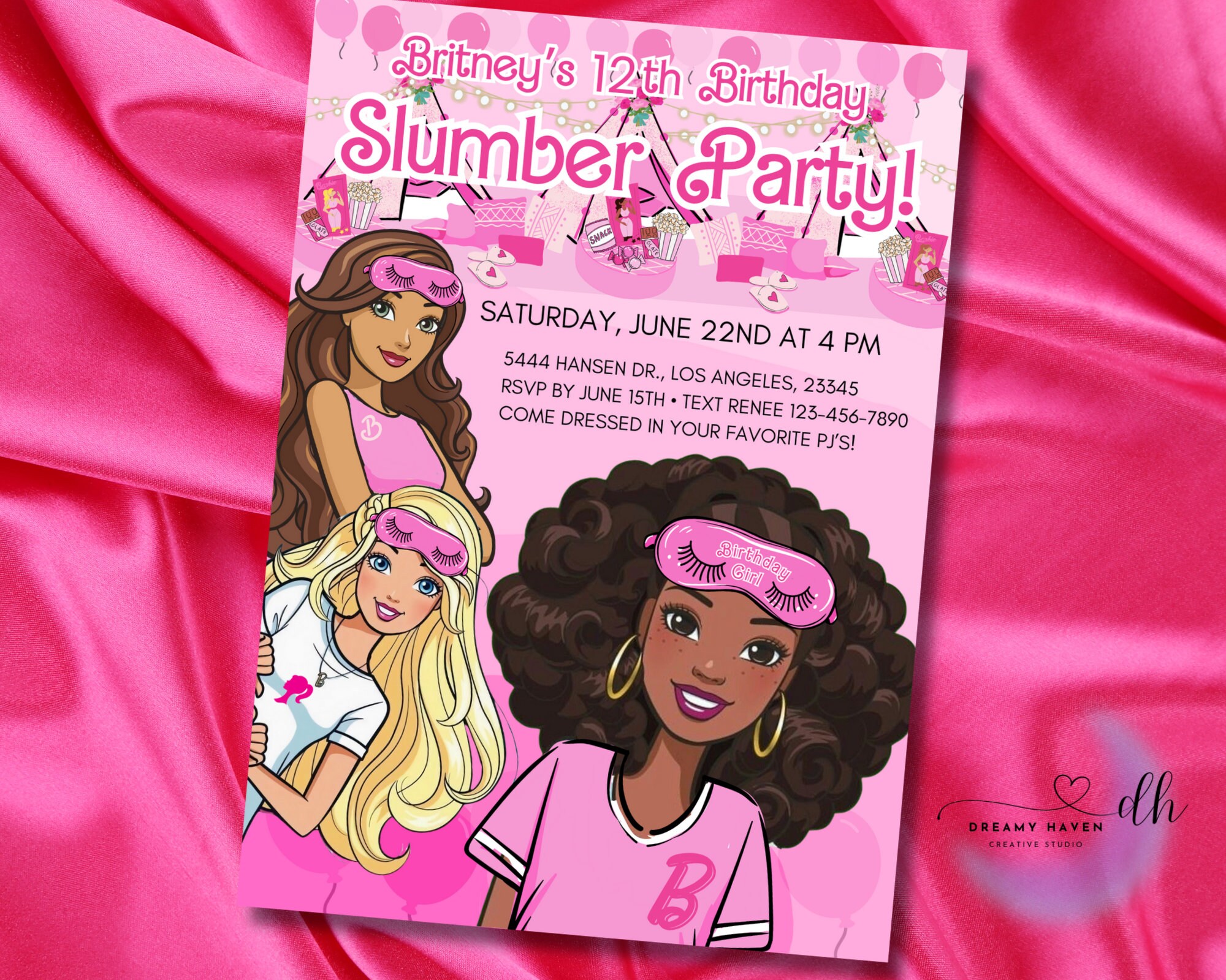 Pink Doll Slumber Sleepover Birthday Party Digital Invitation Printable ...