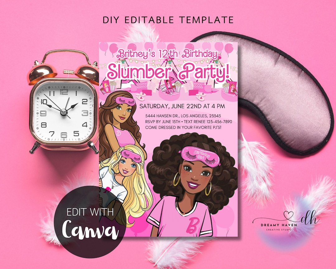 Pink Doll Slumber Sleepover Birthday Party Digital Invitation Printable ...