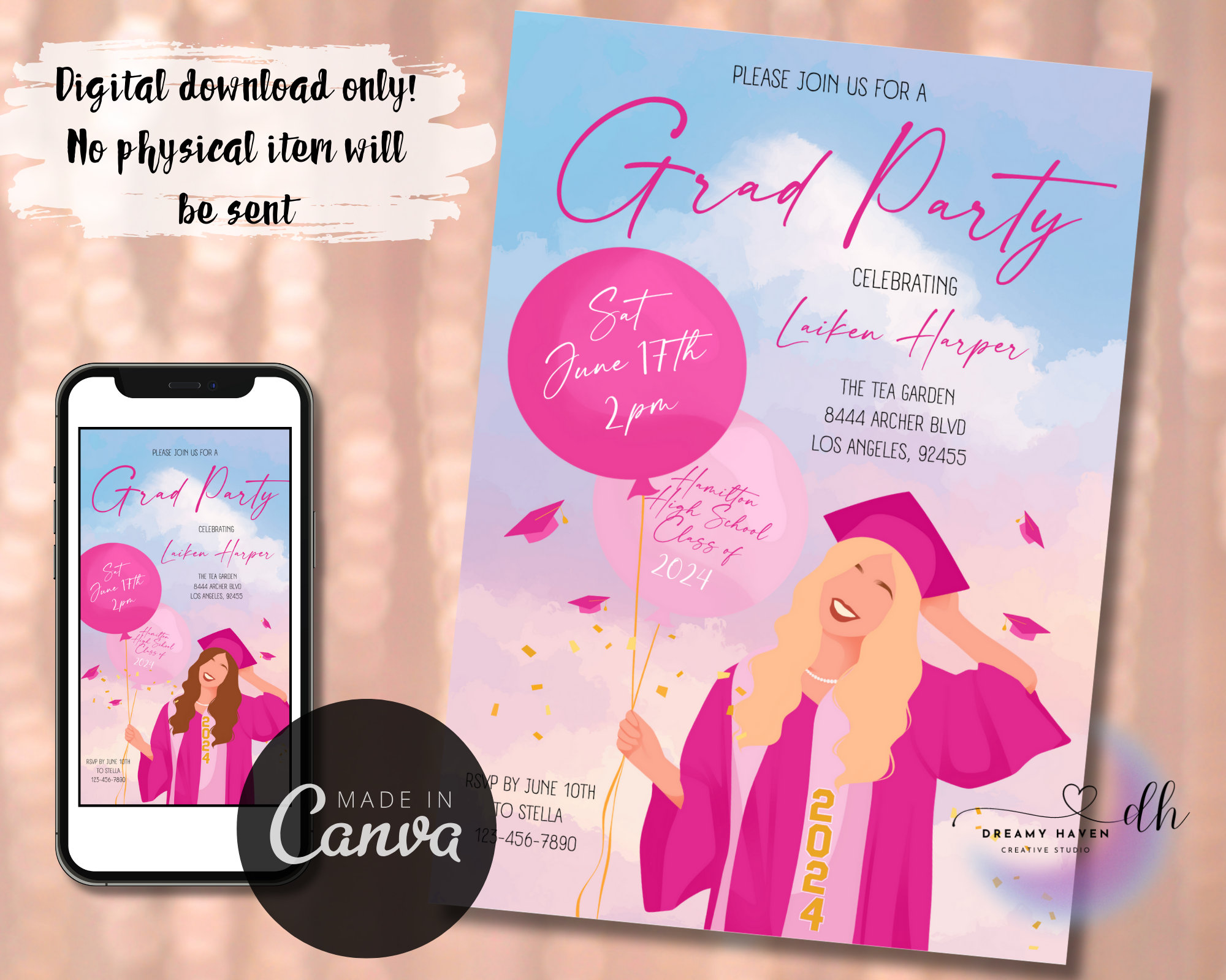 Pink Graduation Party Digital Invitation Printable Template - Etsy