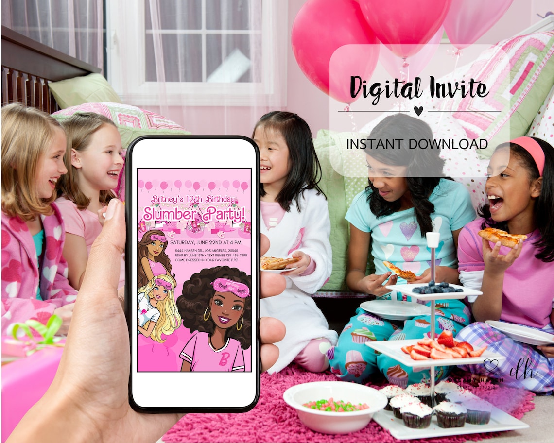 Pink Doll Slumber Sleepover Birthday Party Digital Invitation Printable ...