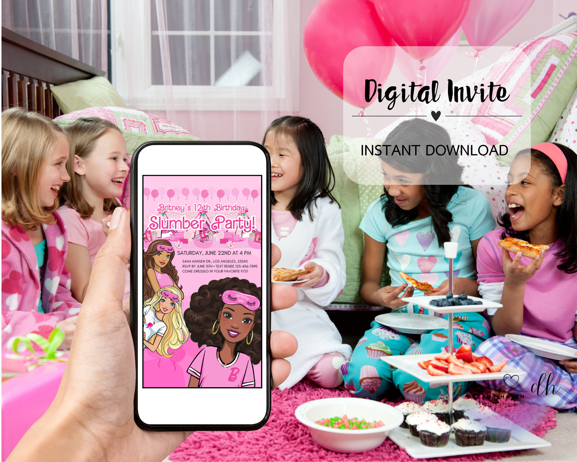 Pink Doll Slumber Sleepover Birthday Party Digital Invitation Printable ...