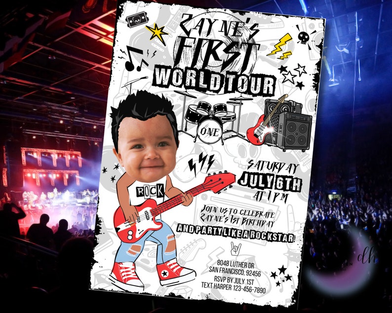 Rock N Roll First World Tour Birthday Party Digital Invitation ...
