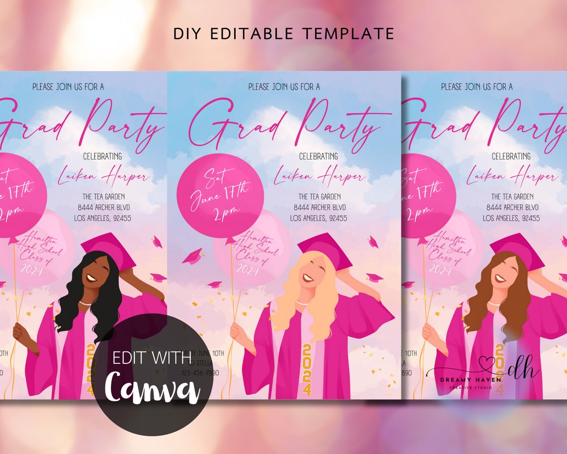 Pink Graduation Party Digital Invitation Printable Template - Etsy