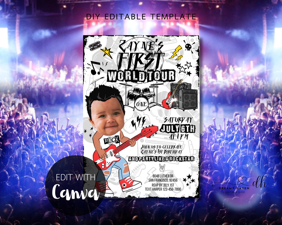Rock N Roll First World Tour Birthday Party Digital Invitation ...