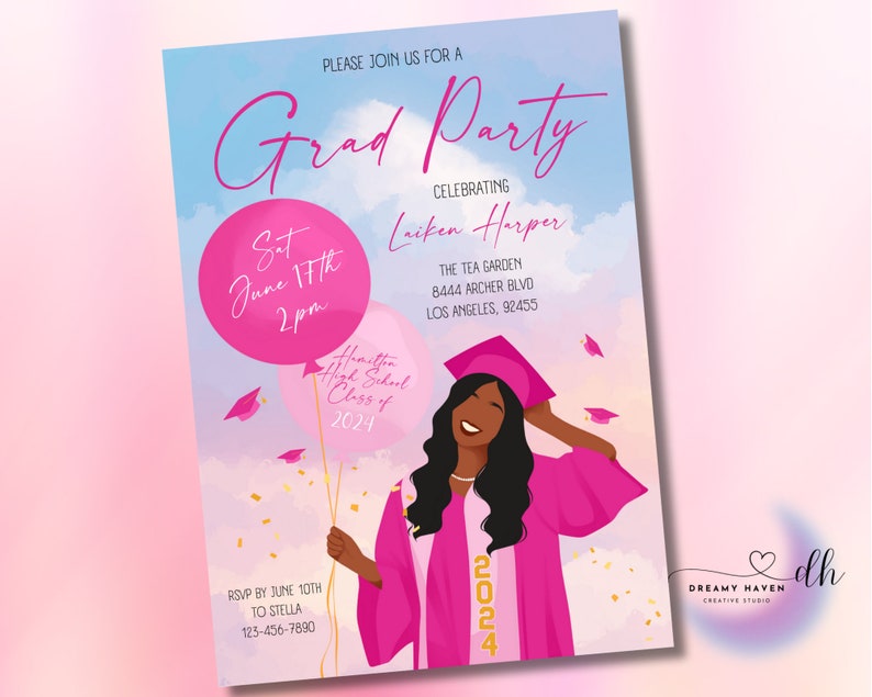 Pink Graduation Party Digital Invitation Printable Template - Etsy