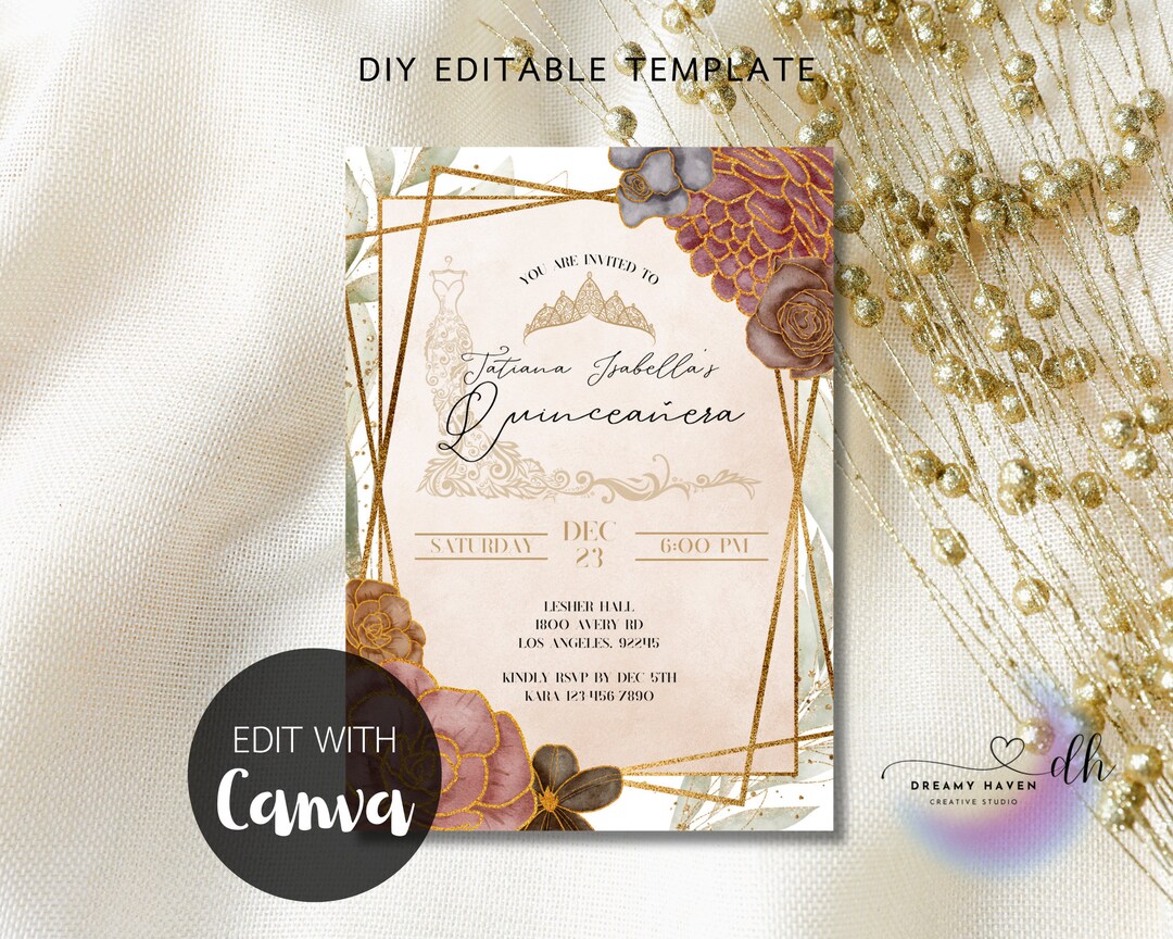 Floral Gold Quinceañera Digital Invitation Printable Template - Etsy