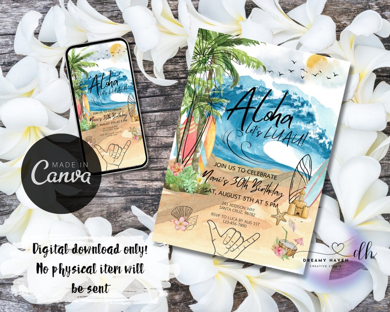 Plantilla imprimible de invitación digital de cumpleaños de Aloha ...