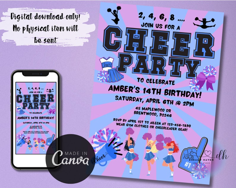 Cheer Birthday Party Digital Invitation Printable Template - Etsy