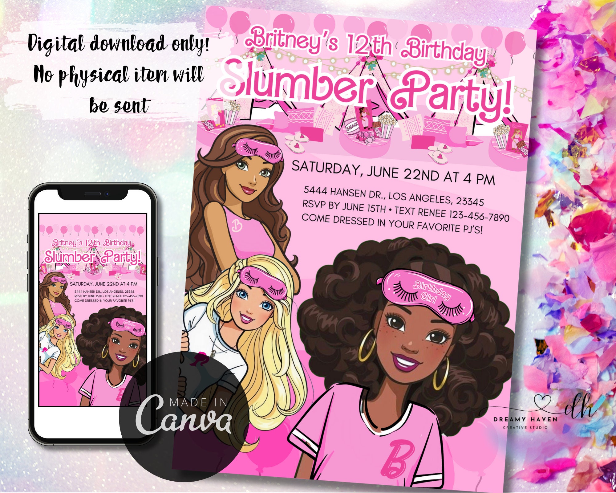 Pink Doll Slumber Sleepover Birthday Party Digital Invitation Printable ...
