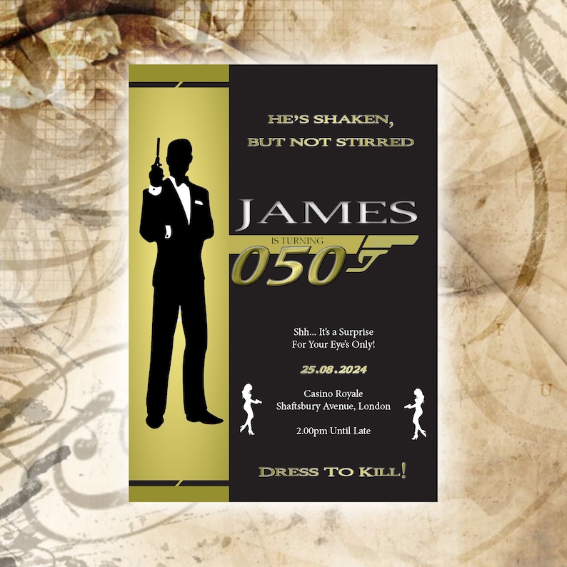 PRINTED 007 Birthday Invitation, James Bond Themed Birthday Invite, Men ...