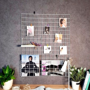 Large White Wire Wall Grid With Metal Book Shelf, Polaroid Display ...