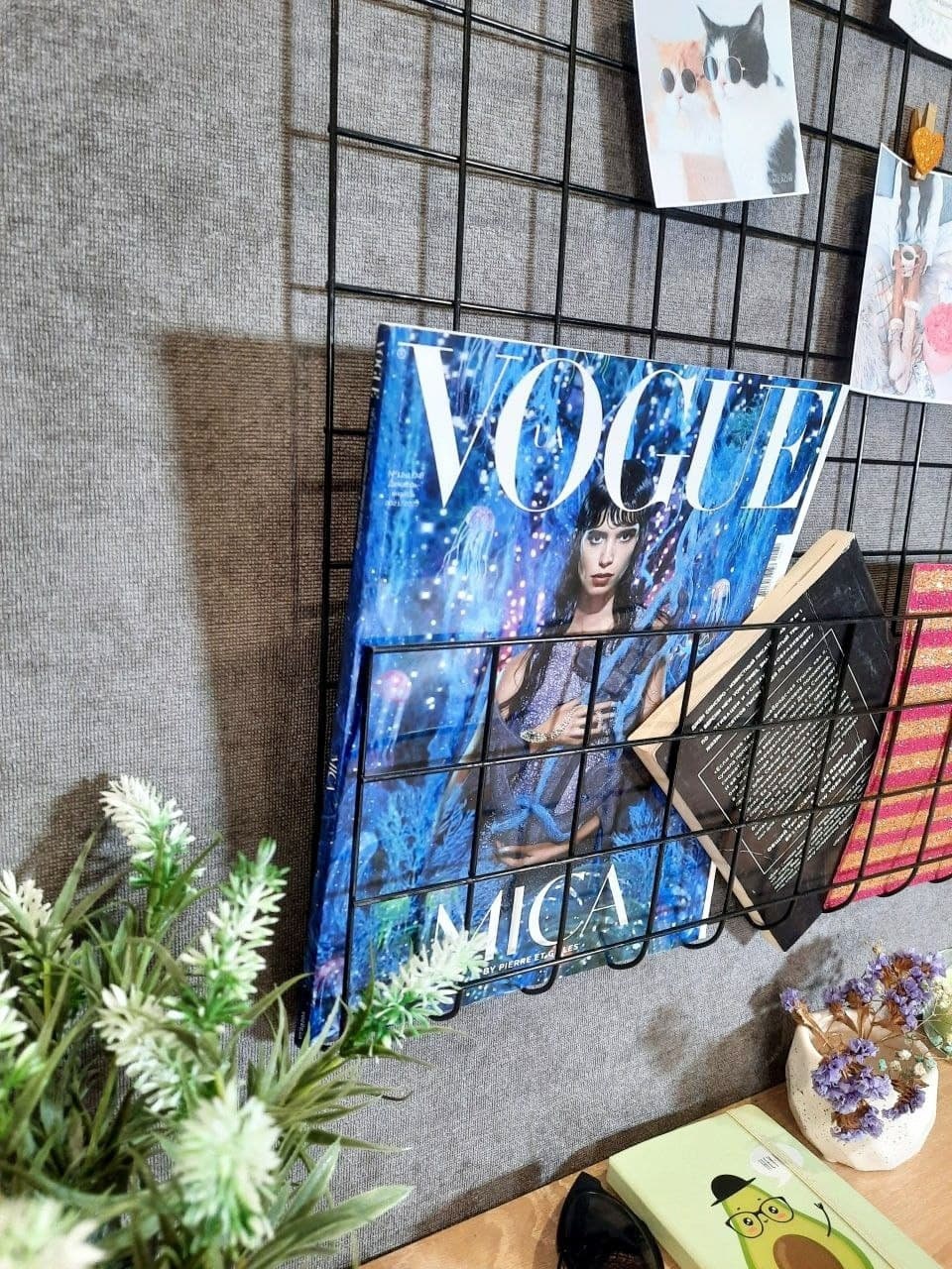 Large White Wire Wall Grid With Metal Book Shelf, Polaroid Display ...