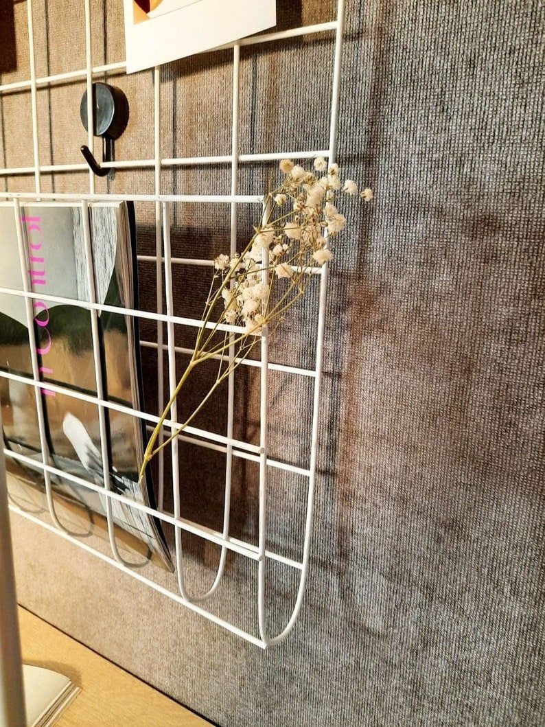 Large White Wire Wall Grid With Metal Book Shelf, Polaroid Display ...