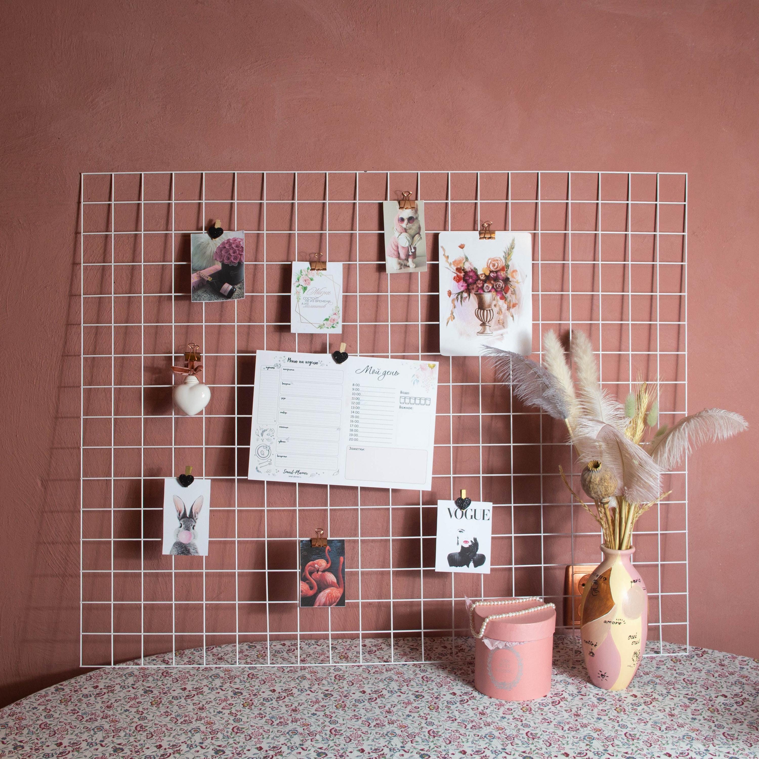 Large White Wire Wall Grid Photo Display With Clips, Metal Mood Board ...