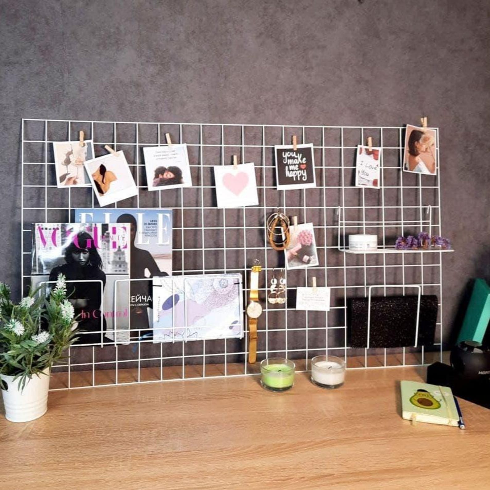 Large White Wire Wall Grid Photo Display With Clips, Metal Mood Board ...