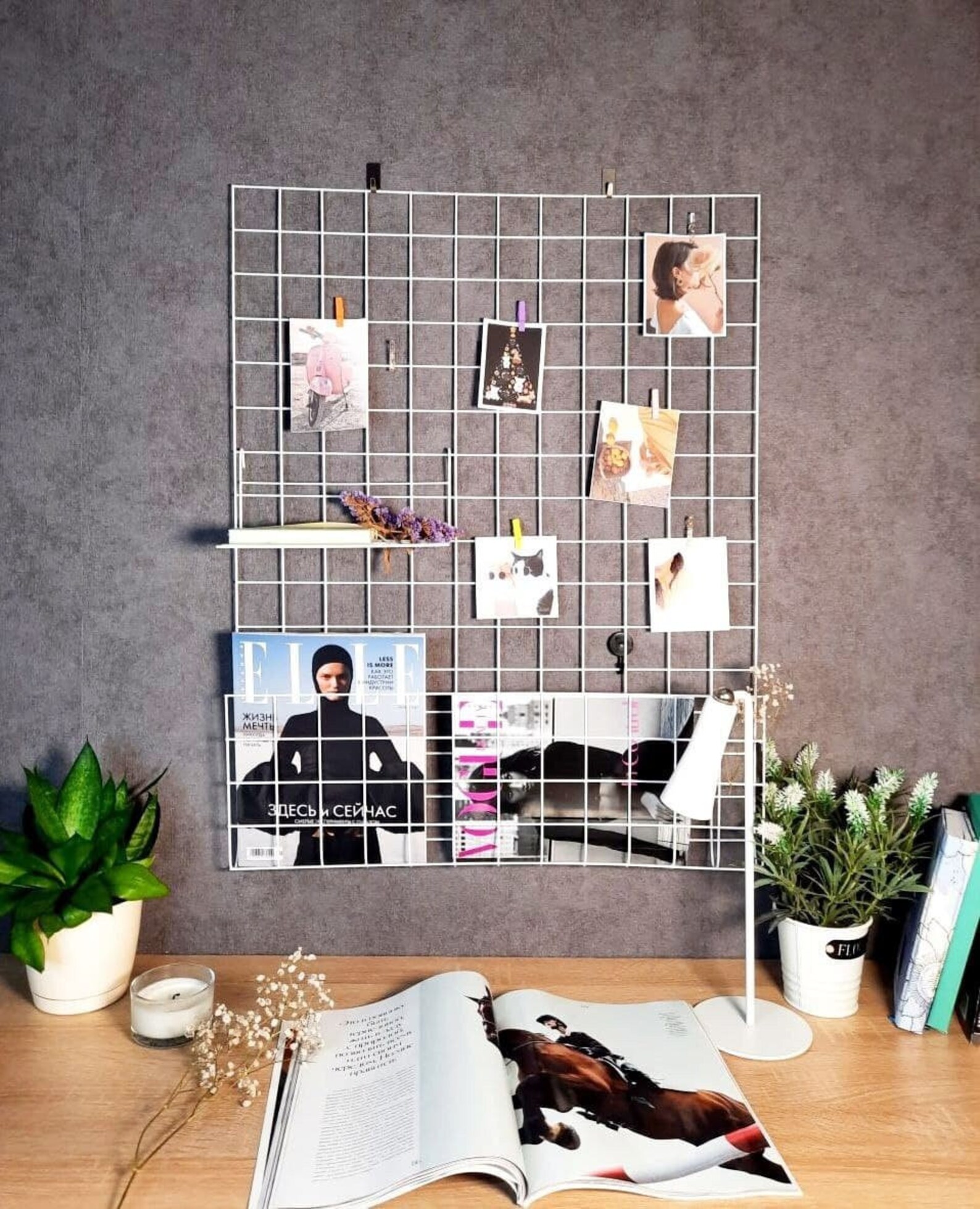 Large White Wire Wall Grid With Metal Book Shelf, Polaroid Display ...