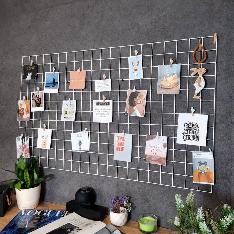 Large White Wire Wall Grid Photo Display With Clips, Metal Mood Board ...