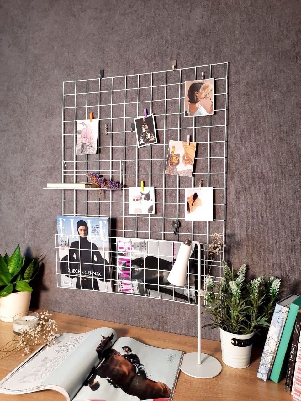 Large White Wire Wall Grid With Metal Book Shelf, Polaroid Display ...