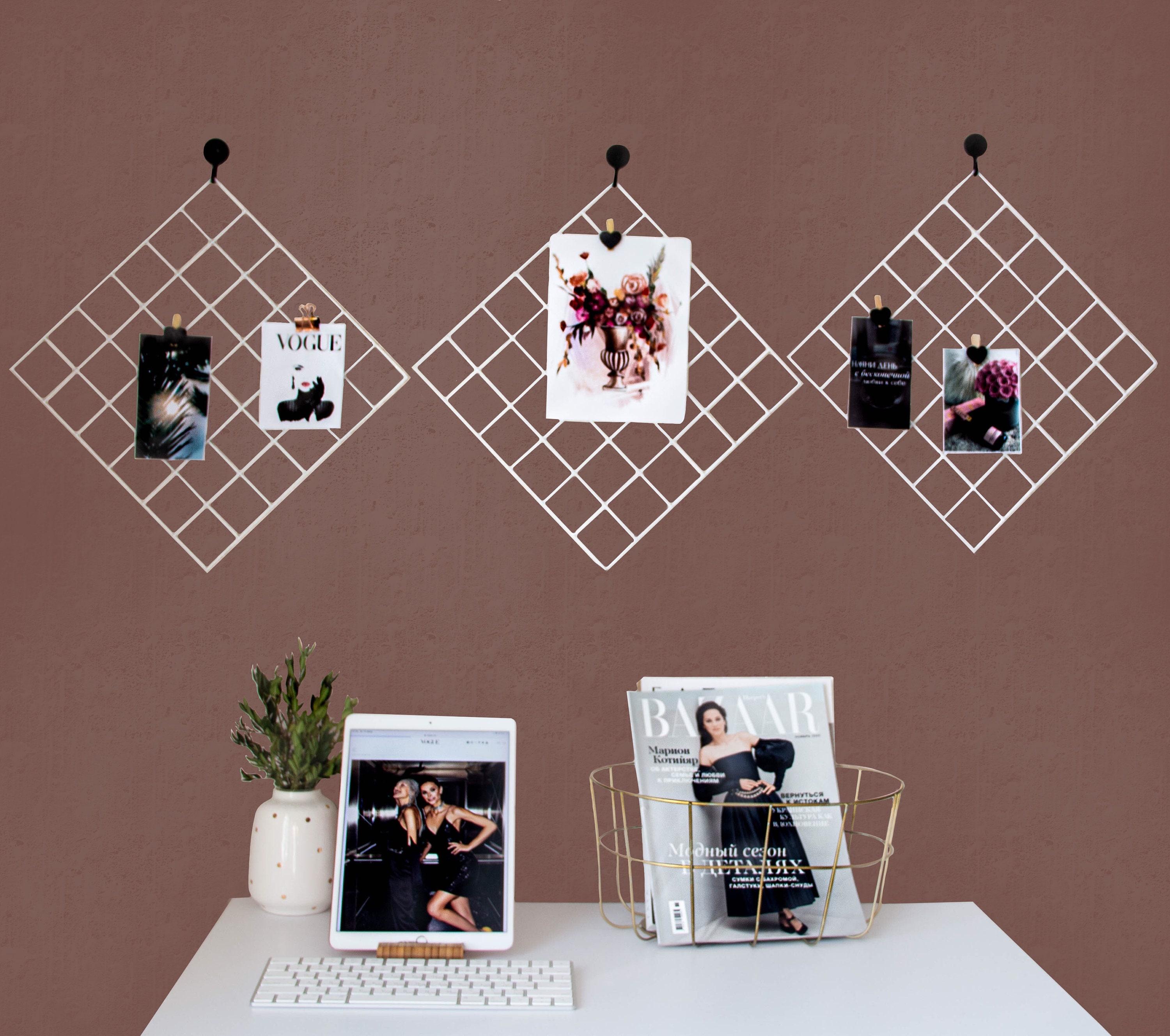 Large Wire Grid, Metal Memo Board Combo, Polaroid Wall Grid & Plant ...