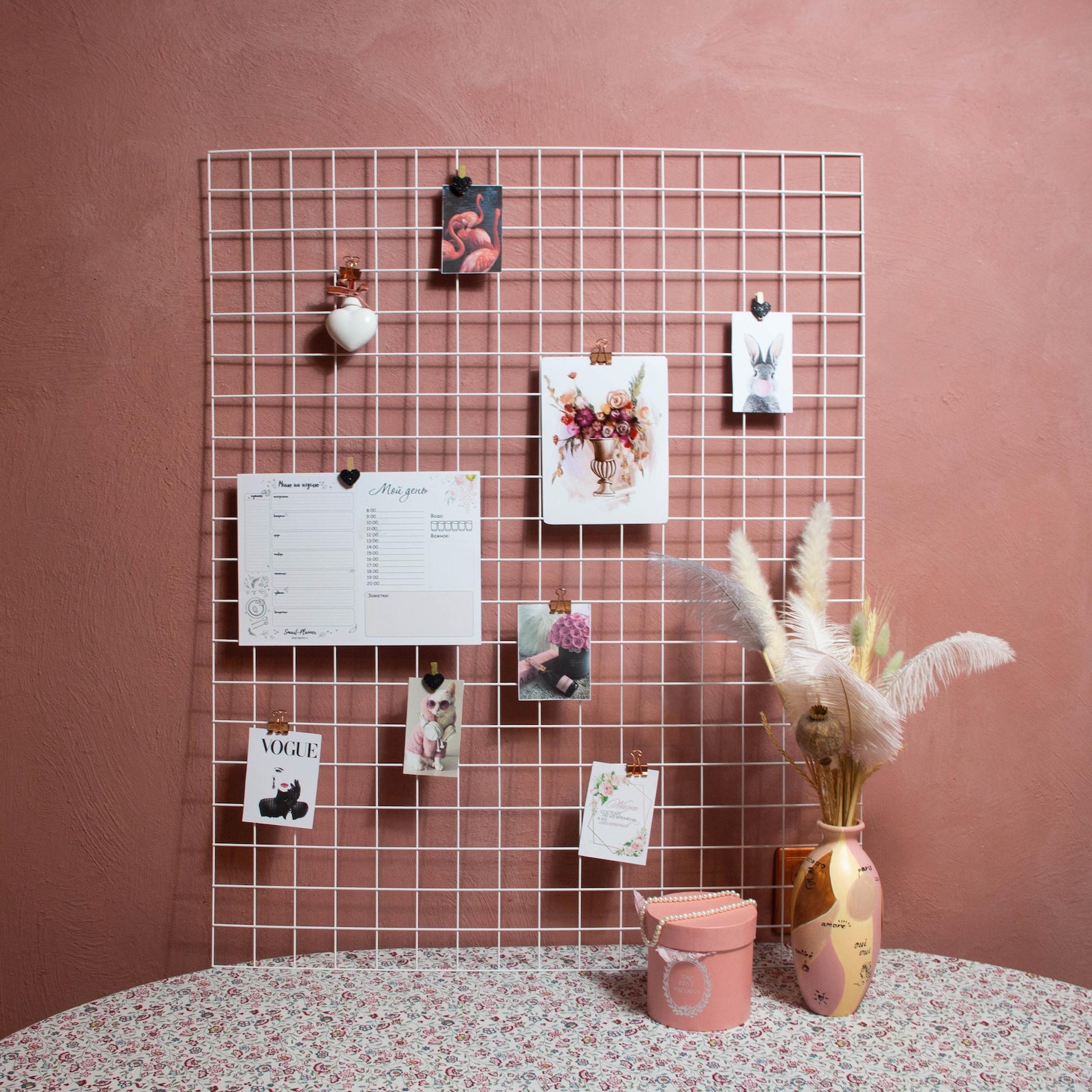 Large White Wire Wall Grid Photo Display With Clips, Metal Mood Board ...