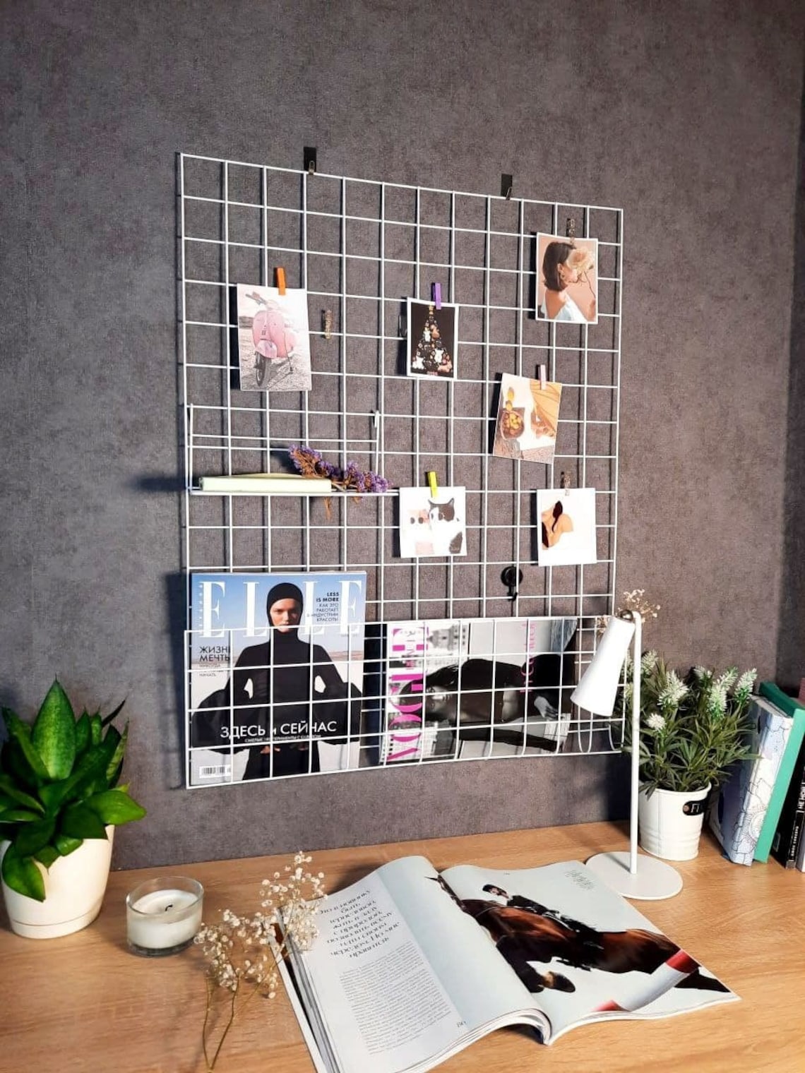 Large White Wire Wall Grid With Metal Book Shelf, Polaroid Display ...